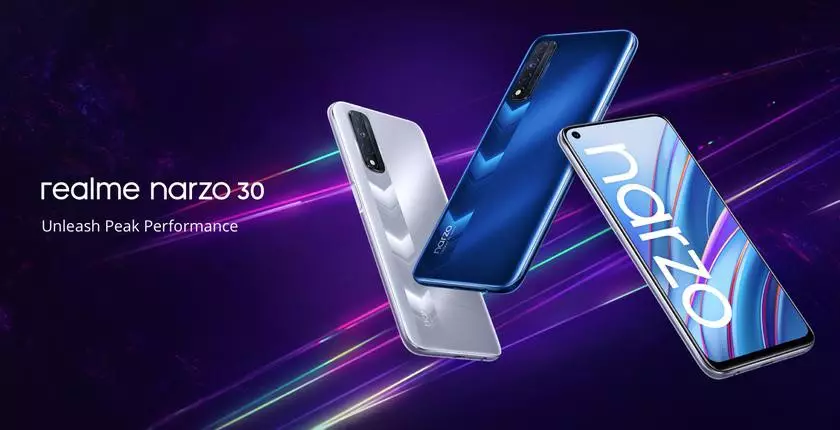 Realme Narzo 30 ayaa matalaya: madax-bannaani wanaagsan, muuqaal wanaagsan